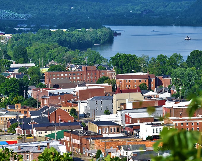 Gallipolis showcases its riverside charm with historic buildings nestled against lush green hills, where the Ohio River tells endless stories.