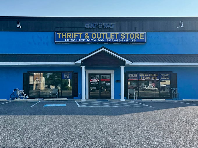 That bold blue facade isn't shy about announcing deals &ndash; God's Way stands out like a beacon for thrifters.