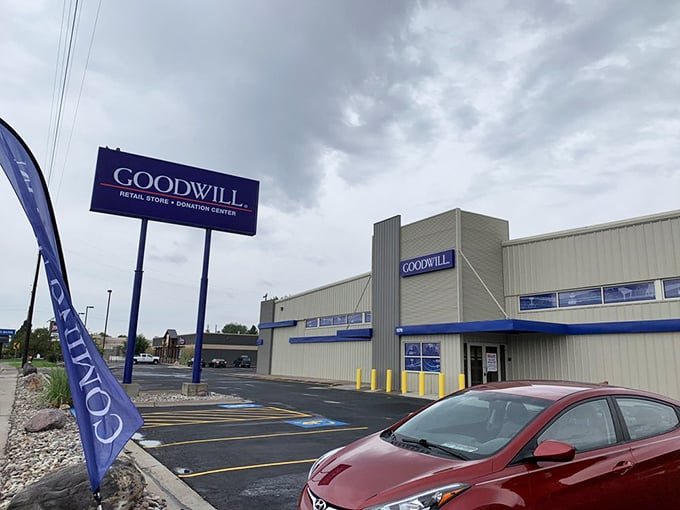 Even the stormy skies can't dampen the spirits of thrifters heading into this well-established Goodwill location.