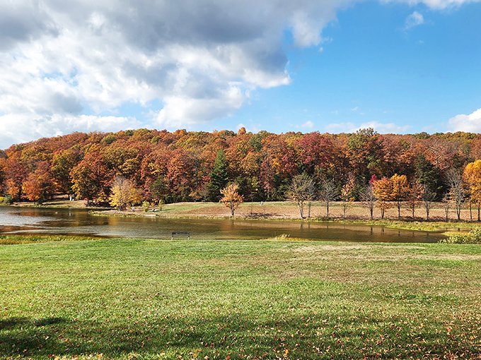 Fall's paintbrush transforms Greenbrier State Park into a masterpiece of color reflected perfectly in the still lake waters.