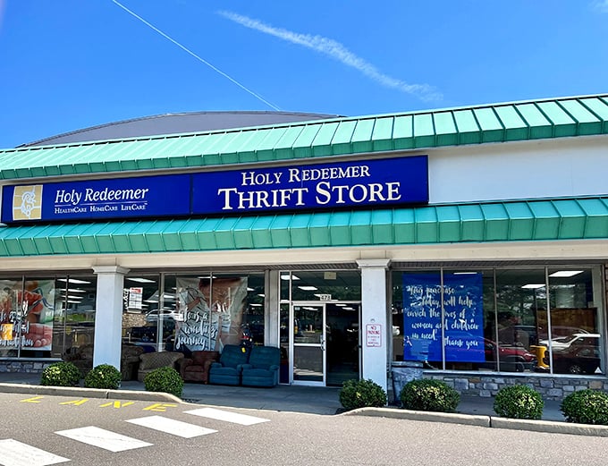 Holy Redeemer's bright blue signage beckons like a lighthouse for the budget-conscious shopper. Inside awaits a sea of gently-loved treasures.
