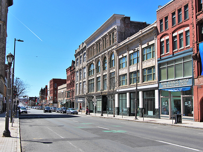 Holyoke's charming downtown district features beautiful architecture from its industrial heyday, now home to affordable apartments and shops.