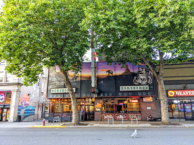 Those sunset murals and horseshoe decorations create the perfect backdrop for a cowboy-sized breakfast adventure.