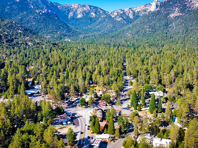 Idyllwild's breathtaking aerial view reveals a perfect harmony of pine-covered mountains and cozy homes nestled in nature's embrace.