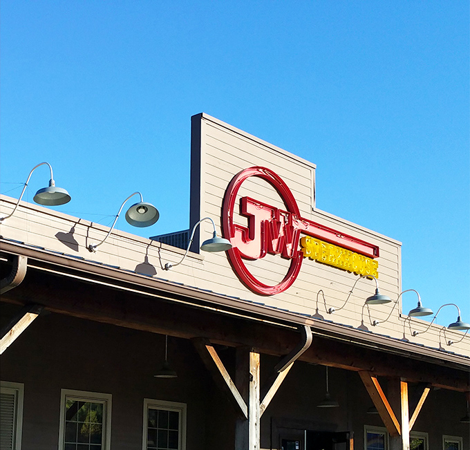 That iconic red JW sign is like a lighthouse for hungry travelers. Follow it to steak paradise!