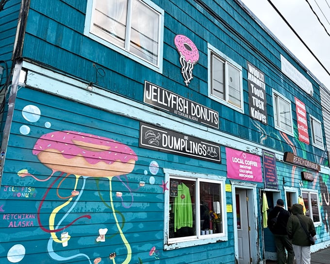 Ocean-inspired sweetness! Jellyfish Donuts' vibrant blue building is as eye-catching as their creative pastries.