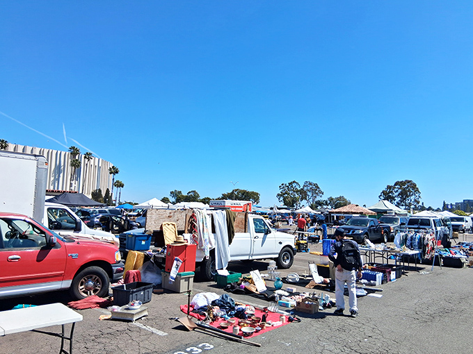 Trucks parked alongside blankets of merchandise &ndash; the true definition of "mobile retail" at Kobey's Swap Meet. Somewhere in there is the perfect fishing rod!