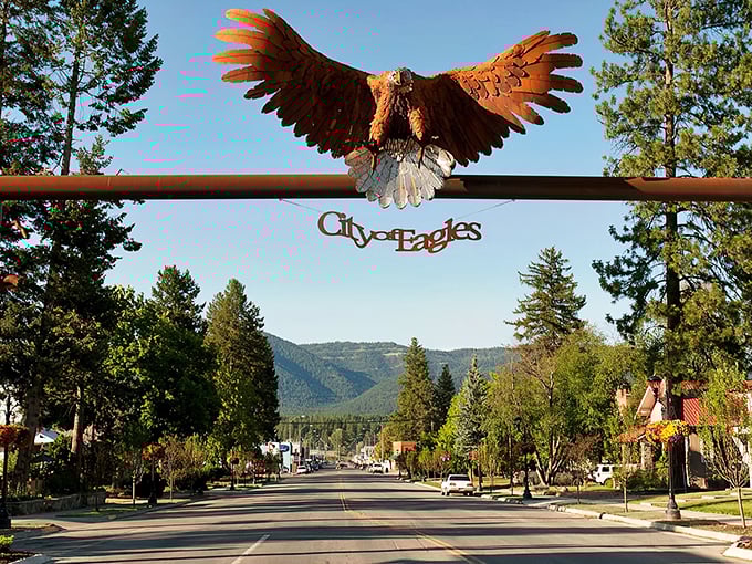 Libby's eagle gateway soars above the street, welcoming visitors like a majestic bouncer with serious wingspan credentials.