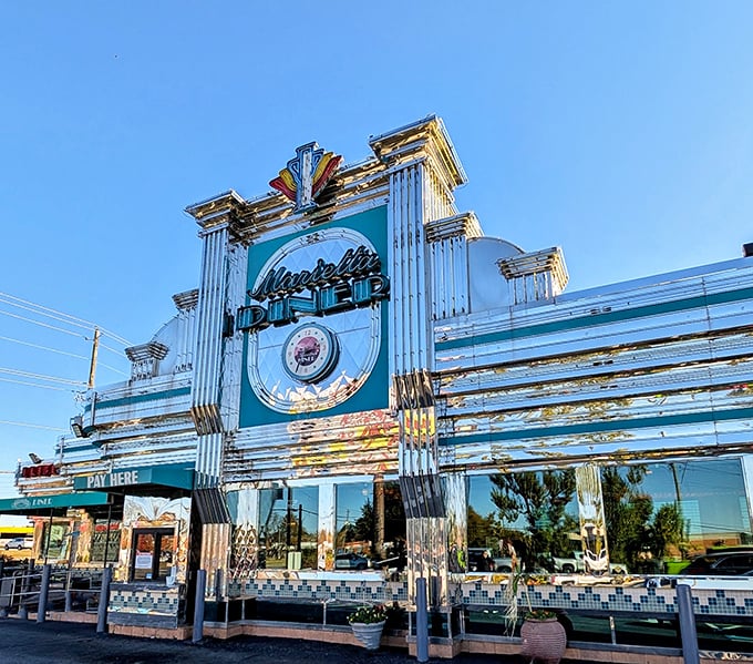 Marietta Diner's gleaming retro exterior shines like a chrome time machine ready to transport you to breakfast paradise.