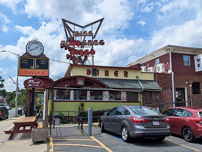 Miss Florence Diner's vintage neon sign and clock tell you you've found a place where time slows down and pancakes are always on the griddle.