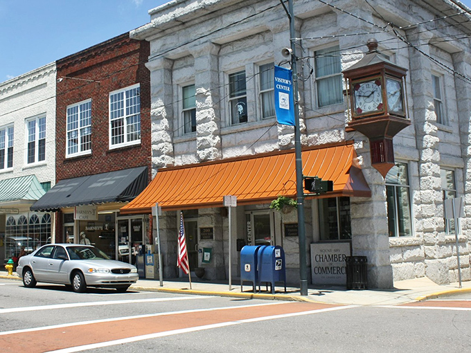 Mount Airy's stone Chamber of Commerce building stands as a sturdy guardian of small-town charm and local business.