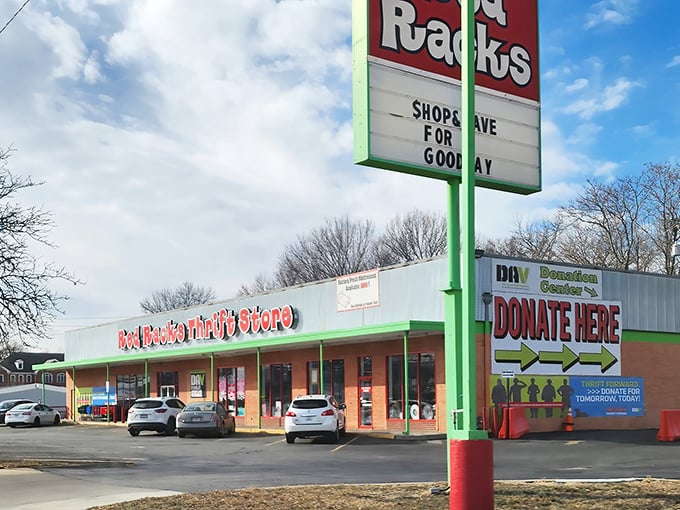 Red Racks' colorful storefront promises not just shopping, but a chance to "Shop & Save For Good" &ndash; bargain hunting with a purpose.