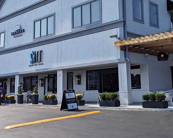 Salt at Geist's elegant exterior sets the stage for upscale seafood dining. Fishers' answer to coastal sophistication!