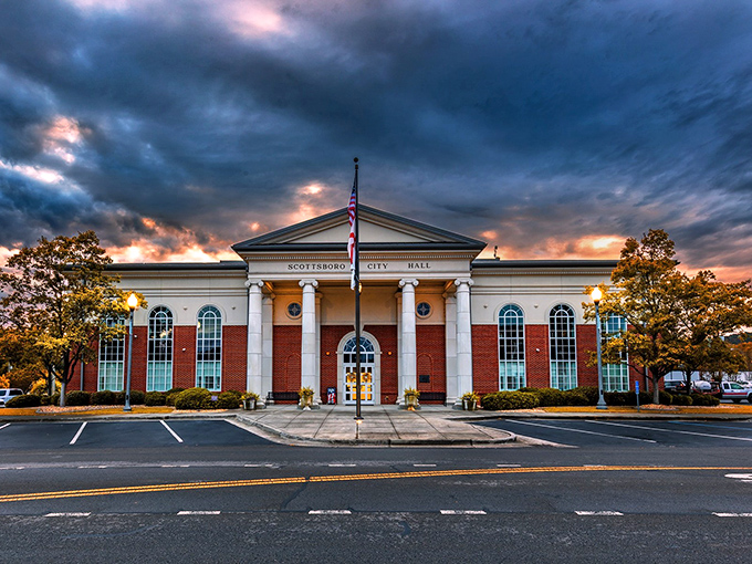 Scottsboro's stately City Hall glows at sunset, a testament to civic pride in this budget-friendly mountain community.
