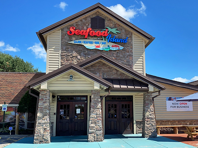 Seafood Island's impressive stone facade feels like the entrance to a delicious adventure. Part mountain lodge, part seafood paradise&mdash;all delicious.