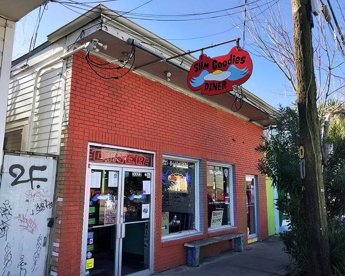 Slim Goodies' vibrant red brick facade brightens Magazine Street like a culinary stop sign saying, "Wait, you need to eat here!"