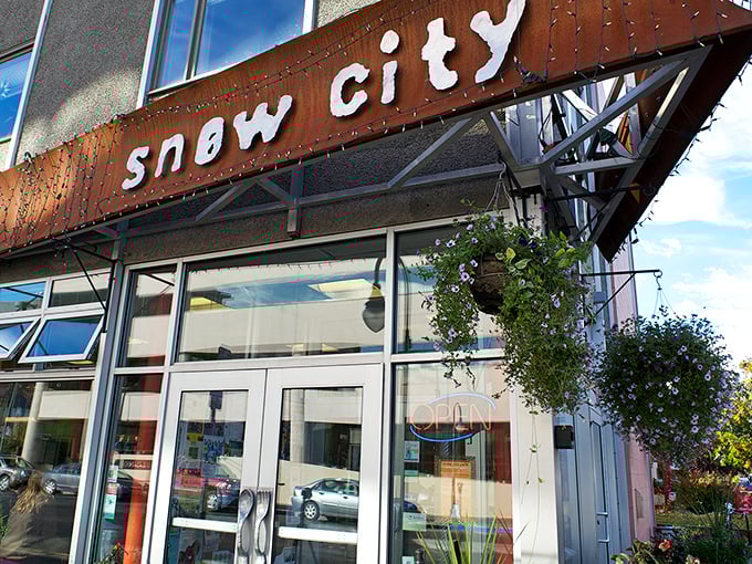 Snow City's rustic-modern exterior promises a bright spot in downtown Anchorage, where breakfast dreams come true any time of day.