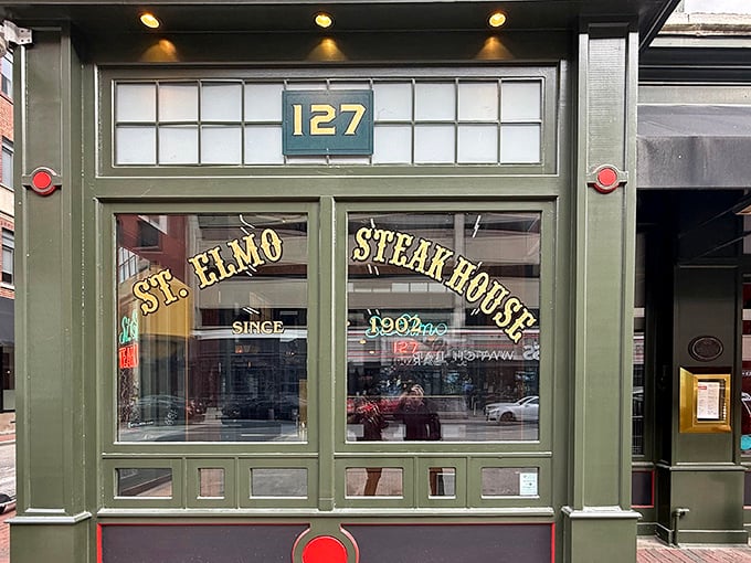 That classic green storefront has welcomed steak lovers for generations, standing proud on Indianapolis streets since way back when.