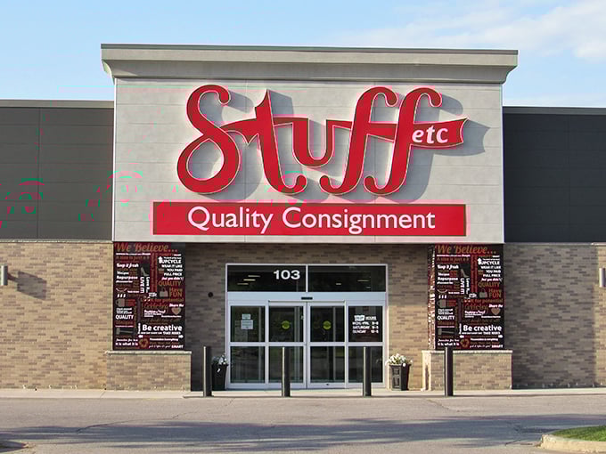 The bold red "Stuff Etc" sign promises exactly what thrift shoppers crave: quality consignment finds without the department store markup.