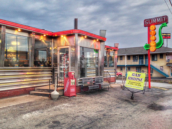 The Summit Diner glows like a beacon at dusk, a chrome-clad time machine serving nostalgia on every plate.
