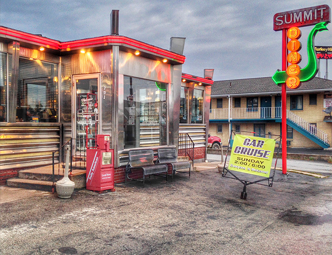 Summit Diner's classic silver exterior and neon sign—where time stands still but the coffee keeps flowing.