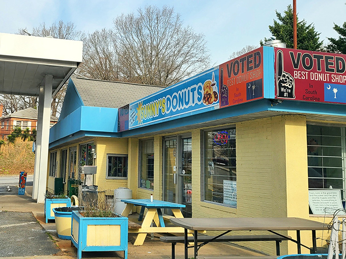 When a donut shop paints itself sunshine yellow and sky blue, you know they're serious about brightening your day.