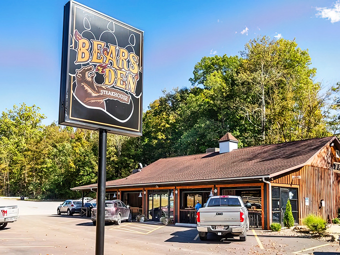 Bear's Den's rustic cabin vibes and that sign – like finding a steakhouse straight out of a Hemingway novel.