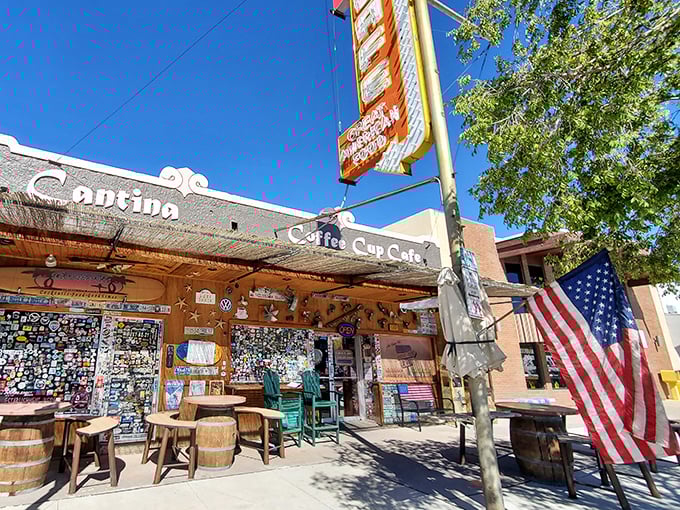The Coffee Cup Cafe's rustic charm and American flag welcome hungry travelers like an old friend. This isn't just breakfast&mdash;it's a Boulder City tradition!