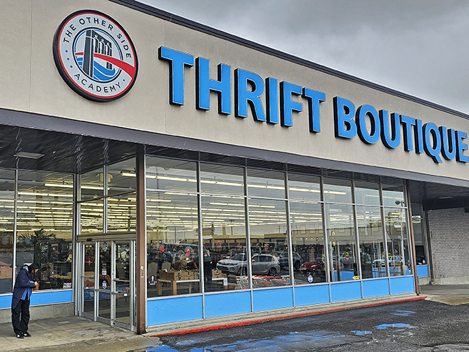 The Other Side Thrift Boutique's bold blue signage is like a beacon for bargain hunters with good taste.