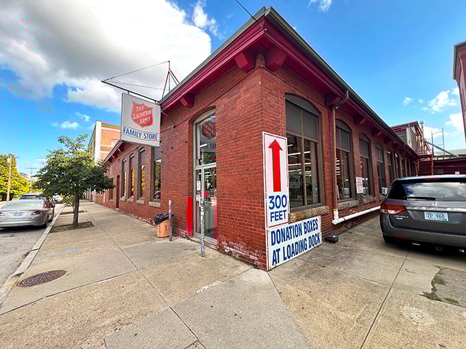 Classic brick charm with a mission! The Salvation Army's distinctive red-trimmed building houses unexpected treasures waiting to be discovered.