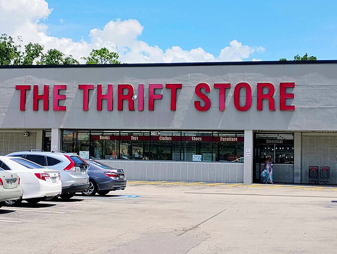 Bold red letters announce "THE THRIFT STORE" with no-nonsense clarity &ndash; like a thrifting bat signal for bargain hunters.