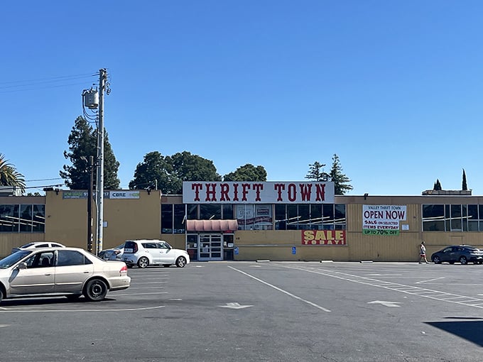 Thrift Town's bold signage beckons bargain hunters to discover what treasures await in this Sacramento shopping paradise.