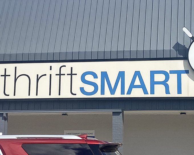 ThriftSmart's clean, modern signage promises an organized treasure hunt rather than a rummage sale free-for-all.