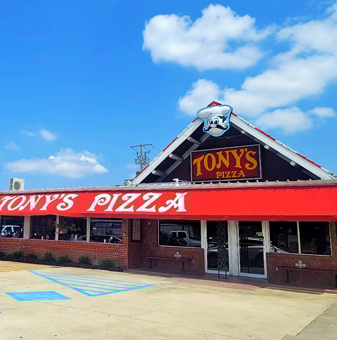 Tony's bold red exterior is like a lighthouse for hungry pizza lovers navigating Lake Charles.