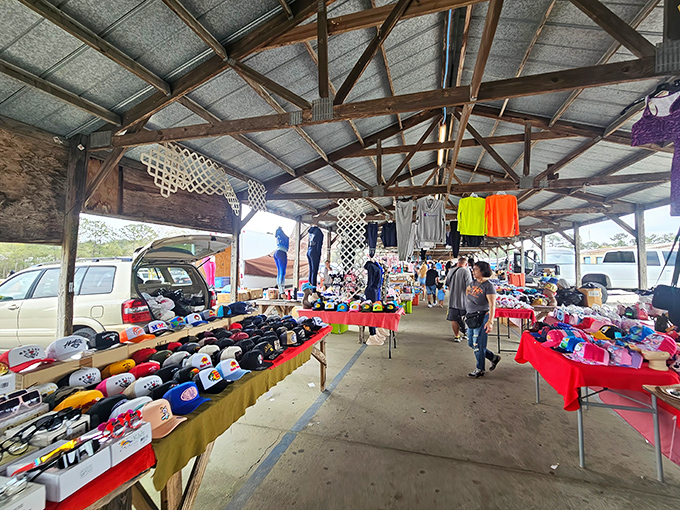 Baseball caps, colorful clothing, and endless possibilities line the covered walkways of US 1 Metro Flea Market.