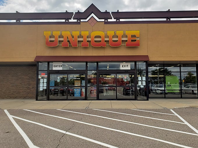 Unique's bold yellow signage stands out like a beacon of thrifty possibilities. Even the entrance says "this isn't your average shopping trip."