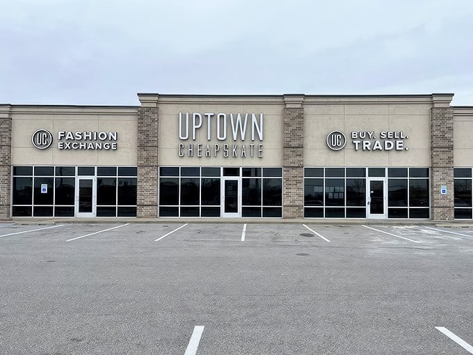 Uptown Cheapskate's sleek exterior hints at the curated fashion treasures waiting inside this modern thrift experience.