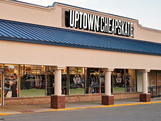 Uptown Cheapskate's sleek storefront promises a thrifting experience that feels more boutique than bargain bin.