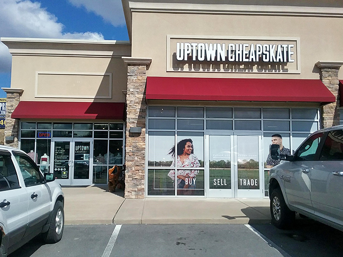 Uptown Cheapskate's modern storefront with its bold red awnings signals this isn't your grandmother's thrift shop.