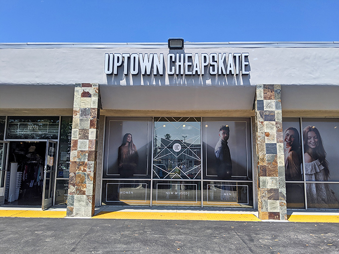 Uptown Cheapskate's sleek storefront brings boutique vibes to thrift shopping &ndash; no mothball smell, just modern deals.