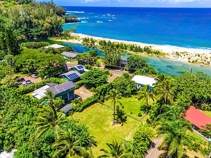 Where river meets sea in a tropical tango! Wainiha's hidden homes peek through nature's emerald curtain like shy island celebrities.
