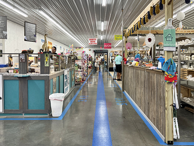 Shopping nirvana with a blue line to guide you! This indoor marketplace keeps treasures organized and bargain hunters happy.