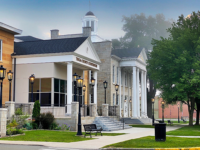 Wellsboro's courthouse stands proudly at the center of town, a testament to small-town America's enduring architectural charm.