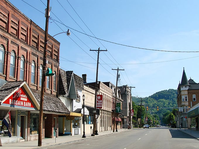 The Bargain Barn sign promises treasures inside, while Weston's architecture tells stories of a bygone era.