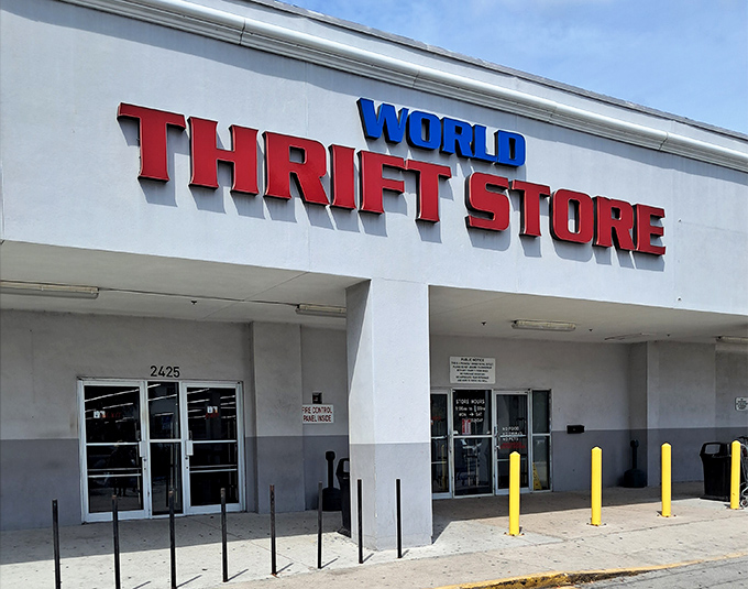 World Thrift's bright red and blue signage stands out like a beacon for bargain hunters in Lake Worth Beach.