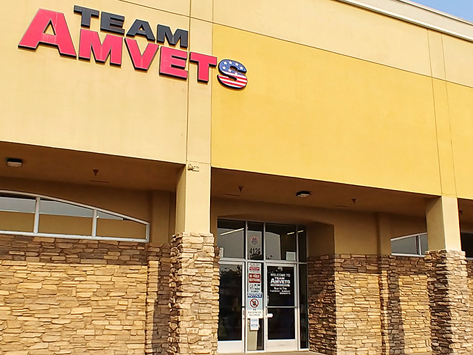 Team AMVETS proudly displays its patriotic colors, inviting shoppers to support veterans while scoring incredible deals inside.