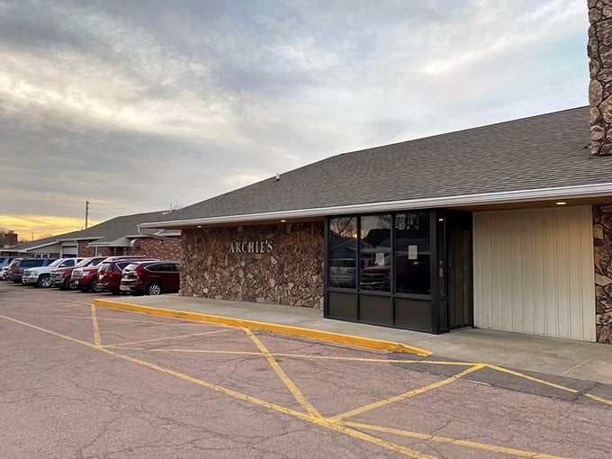 The full parking lot at sunset speaks volumes&mdash;locals know exactly where to find exceptional beef in Le Mars.