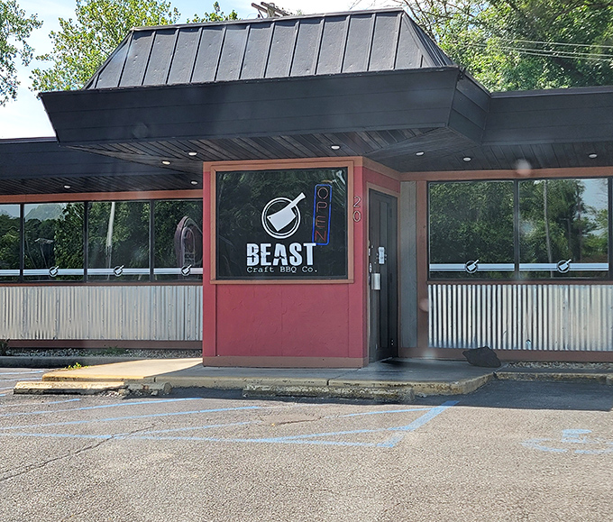 Modern lines and red brick frame the entrance to barbecue bliss in downtown Belleville's thriving food scene.