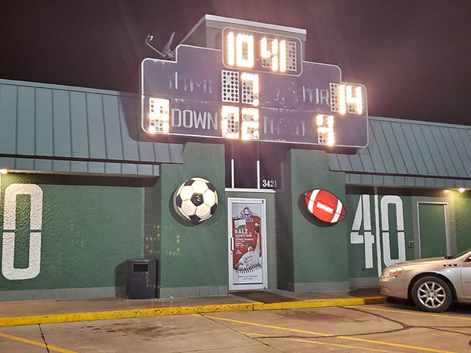 Game night perfection! That scoreboard facade isn't just for show &ndash; it's keeping score of how many hot dogs you'll devour.