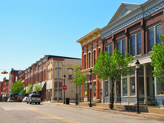 Main Street Bay City—where brick buildings stand shoulder to shoulder like old friends. The perfect backdrop for an afternoon of window shopping.